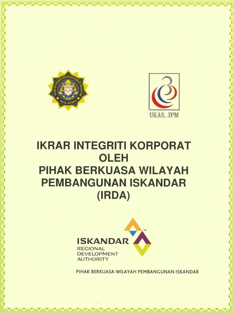 CORPORATE INTEGRITY PLEDGE – Iskandar Regional Development Authority